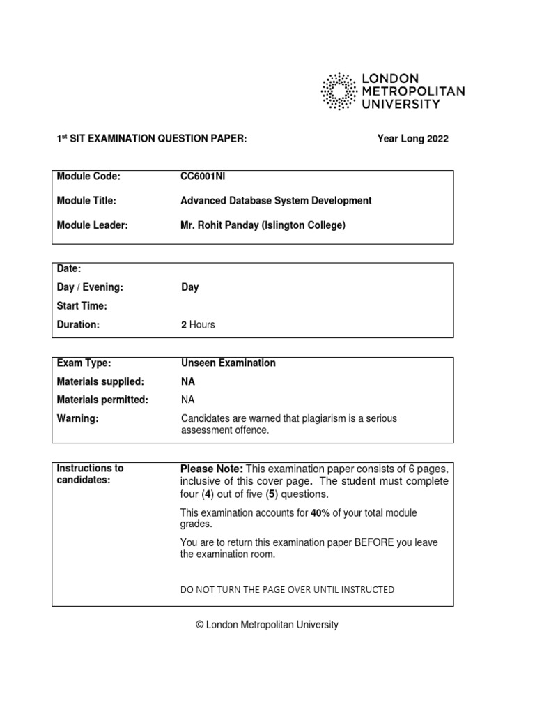 CC6001NA - Advanced Database Systems Development 2021-22 (1sit) - Exam QP | PDF | Relational ...