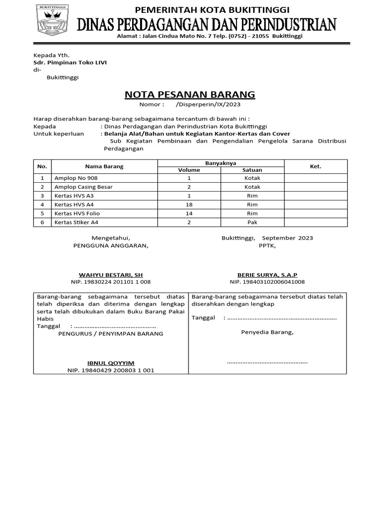 Format Nota Pesanan Barang | PDF