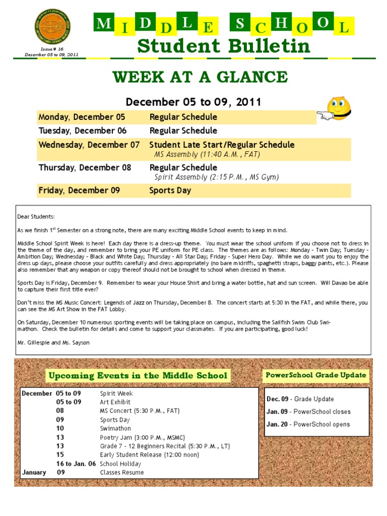 Student Bulletin: Week at A Glance | PDF | Schools | Leisure