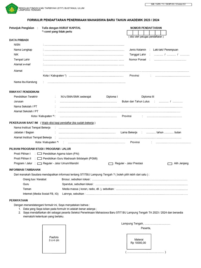 Form Pendaftaran PMB 2023-2024 | PDF