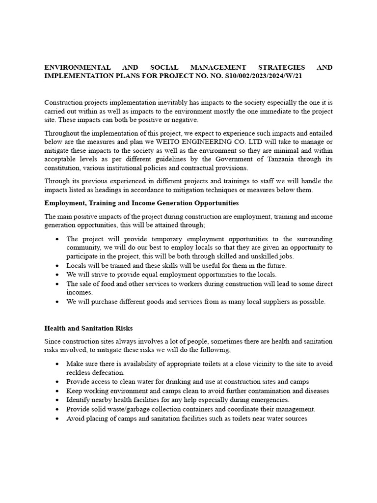 Environmental and Social Management Strategies and Implementation Plans ...