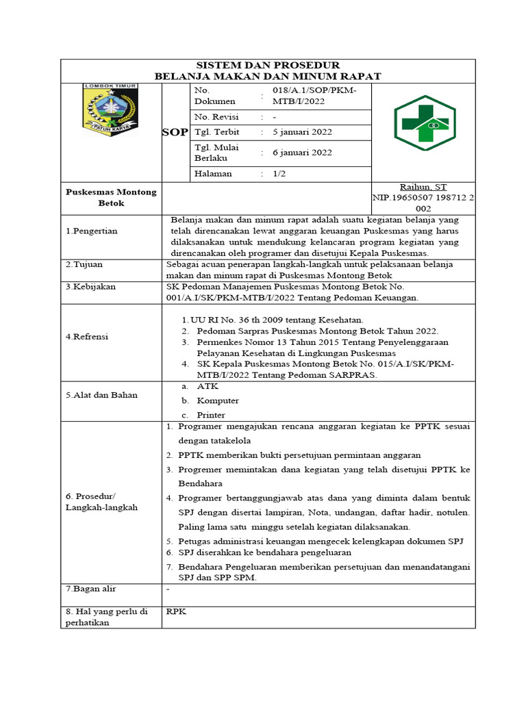 Sop Sistem Dan Prosedur Belanja Makan Dan Minum Rapat | PDF