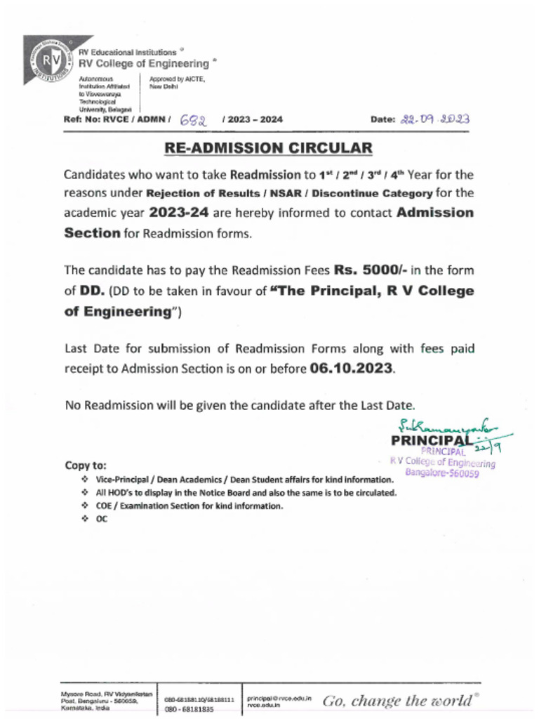 Readmission Circular 2023-2024 | PDF