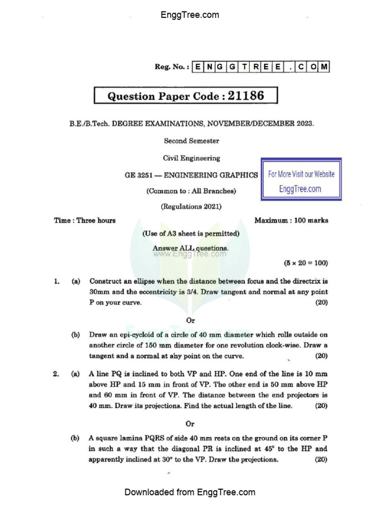 GE3251 Engineering Graphics Nov Dec 2023 Question Paper Download | PDF