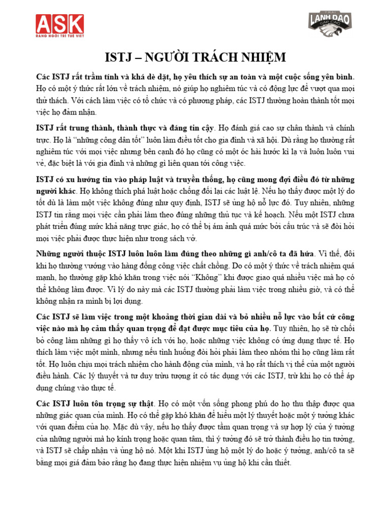 ISTJ - NGƯỜI TRÁCH NGHIỆM | PDF