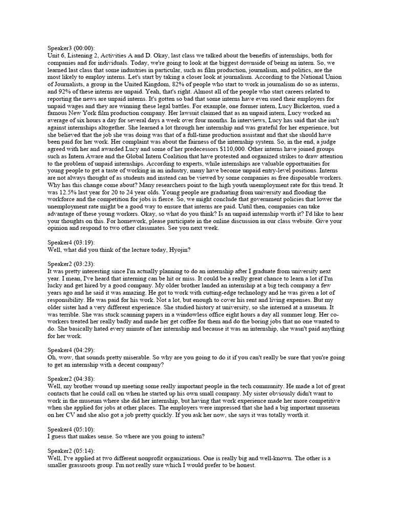 U06 06 Listening2 ActivitiesA D.mp3 | PDF | Internship | Job Hunting