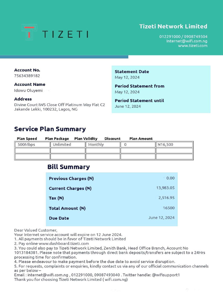 Tizeti Wifi Bill | PDF