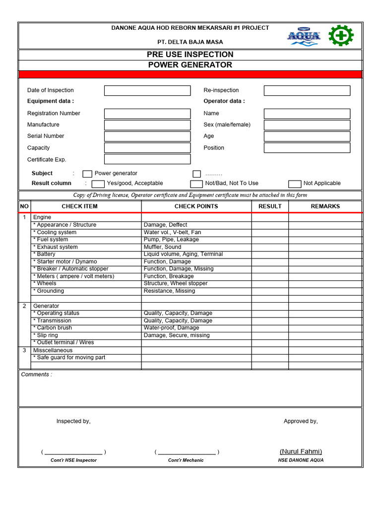 Pre Use Inspection Check List | PDF | Engines | Pump
