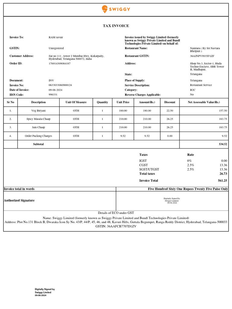 Swiggy Tax Invoice for Restaurant Order | PDF | Invoice | Taxation