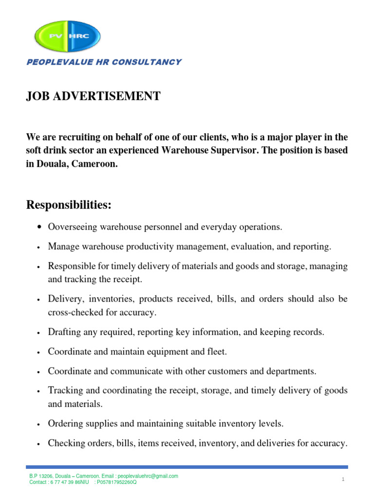 Job Advert Warehouse Supervisor | PDF | Warehouse | Consultant