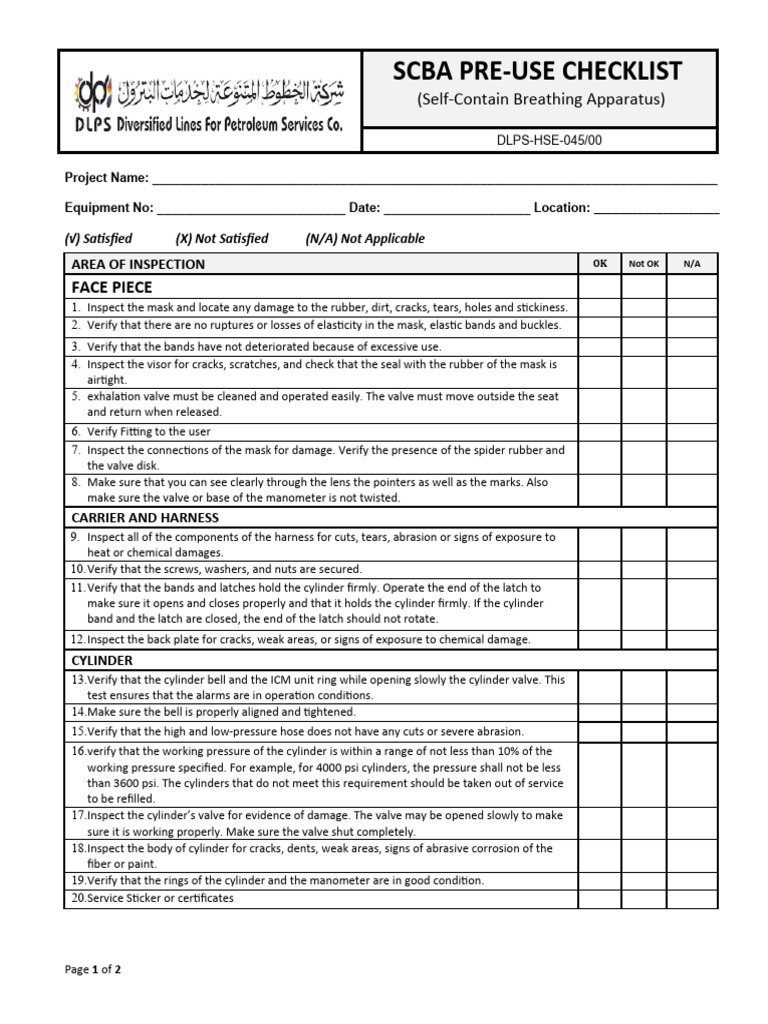 SCBA Pre-Use Inspection | PDF | Valve | Equipment