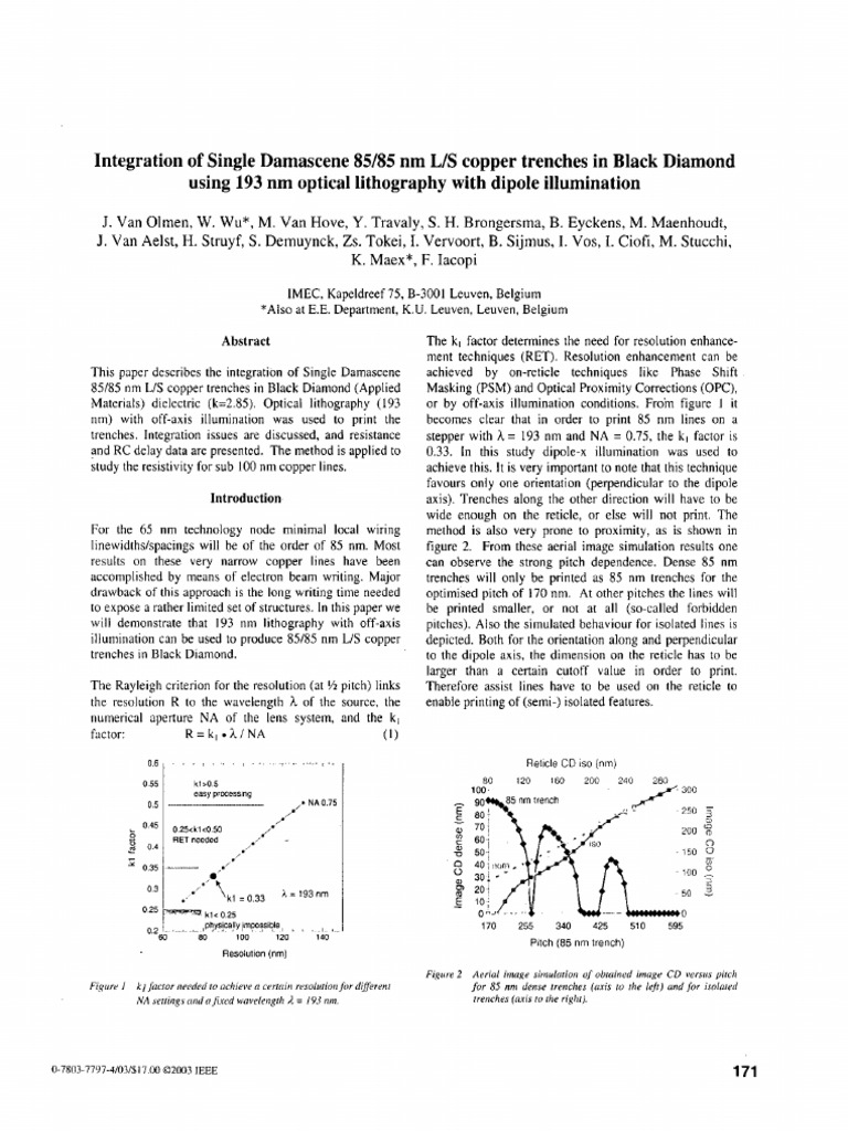 Integration of Single Damascene 85 - 85 NM L - S Copper Trenches in Black Diamond Using 193 NM ...