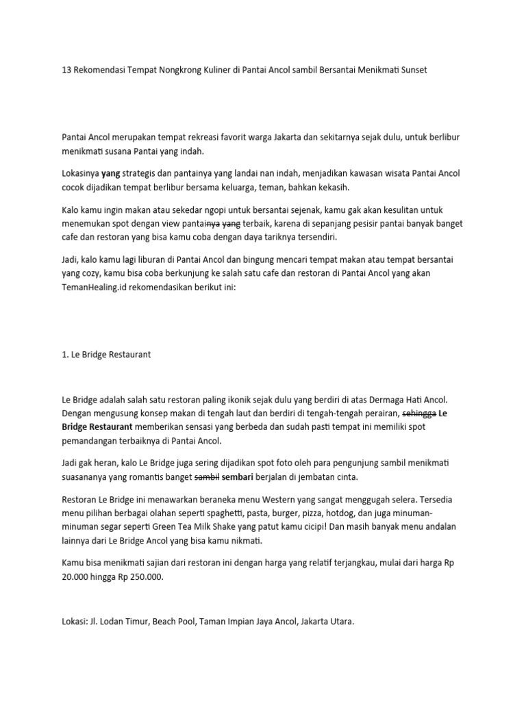 13 Rekomendasi Tempat Nongkrong Kuliner Di Pantai Ancol | PDF