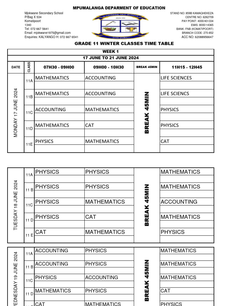 June Time Table GR 11 - 015016 | PDF