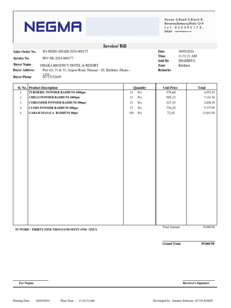 Dairy Invoice for Dhaka Regency Hotel | PDF
