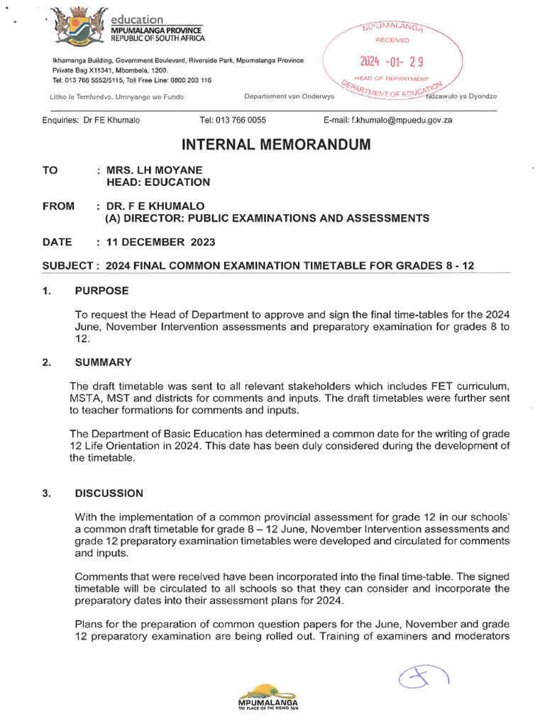 2024 Final Common Examination Timetable For Grade 8-12 SIGNED & Memo | PDF