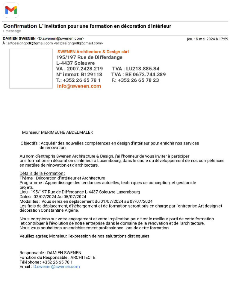 Gmail - Confirmation L'Invitation Pour Une Formation en Décoration D ...