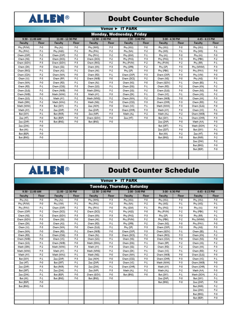 Allen®: Doubt Counter Schedule | PDF