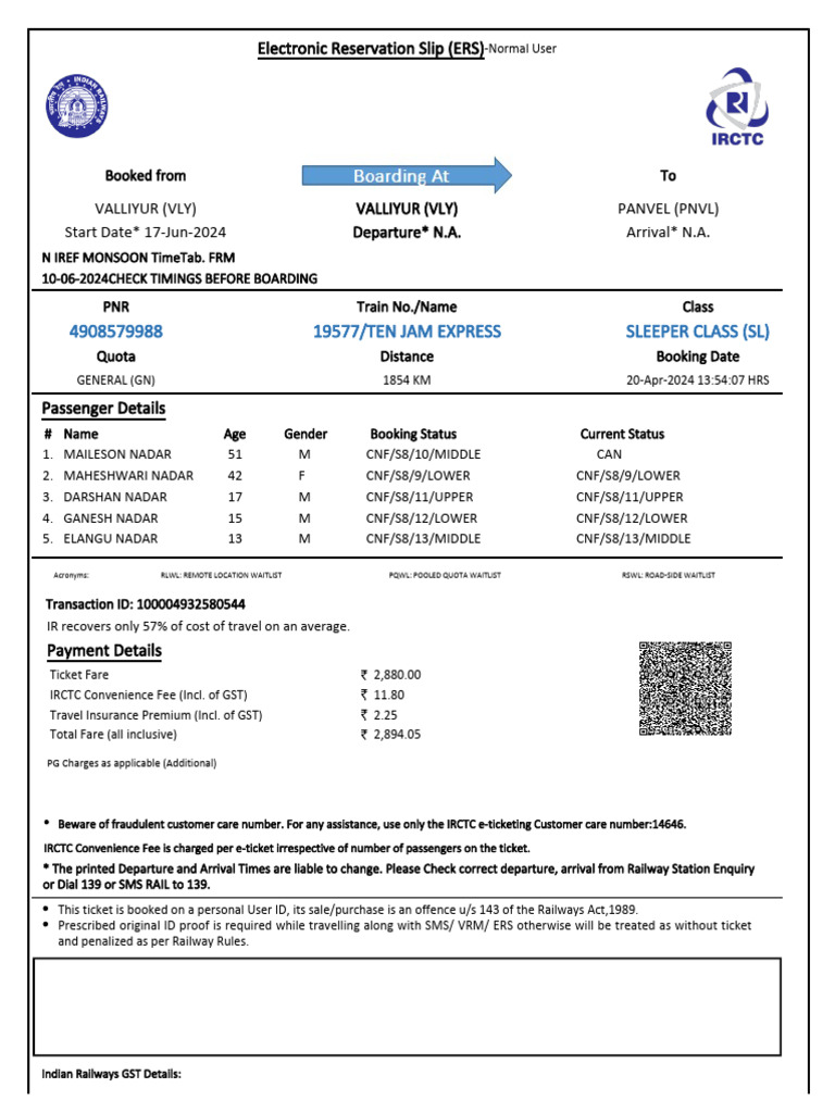 19577/ten Jam Express Sleeper Class (SL) | PDF | Identity Document