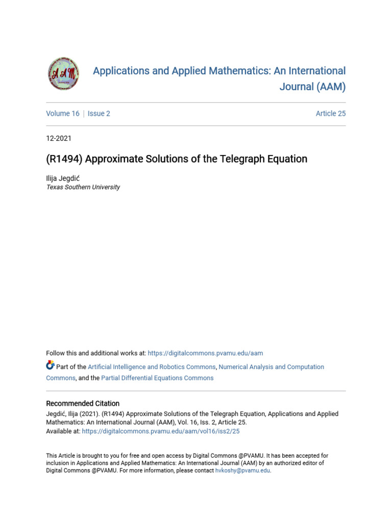 Approximate Solutions of The Telegraph Equation | PDF | Equations | Differential Equations