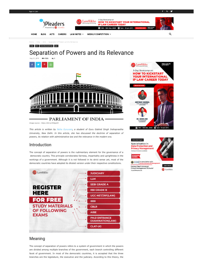 Blog Ipleaders in Separation of Powers and Its Relevance | PDF | Separation Of Powers | American ...