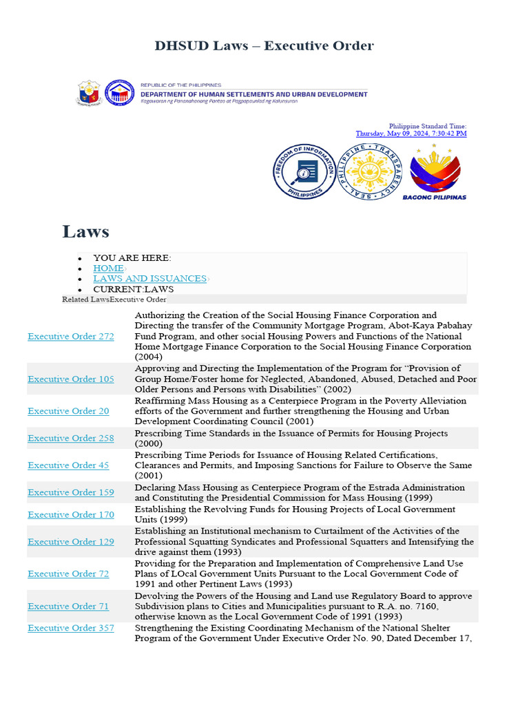 DHSUD Executive Orders on Housing Laws | PDF | Executive Order | Public ...