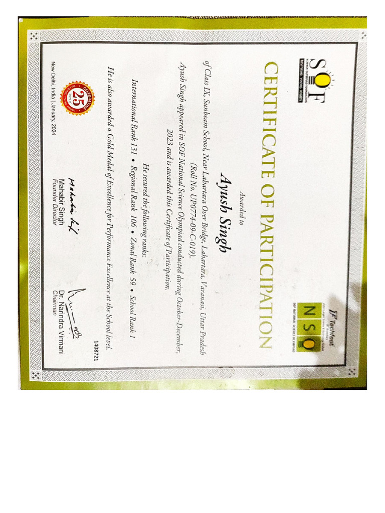 NSEJS 2023 Top 10% Certificate | PDF