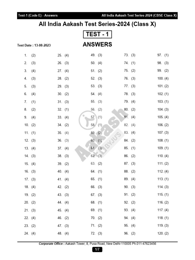 Cbse-Aiats Test-1 (Code-E) - Class X (13!08!2023) - Sol | PDF | Optics ...