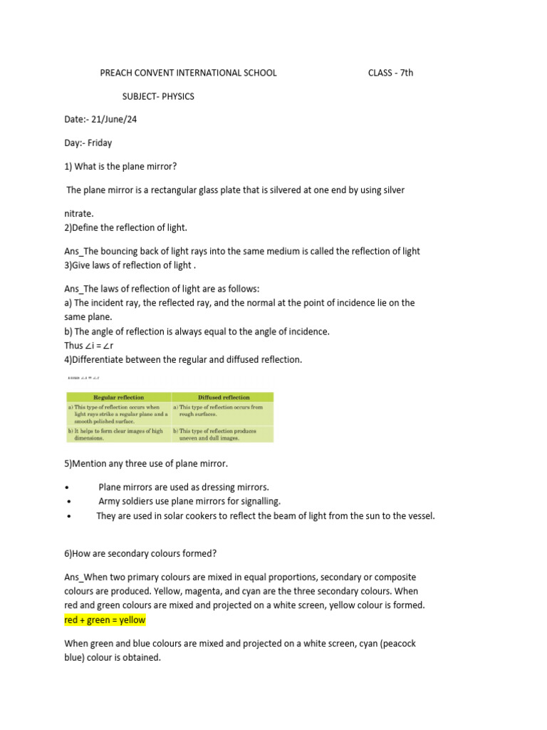 Class7 Physics Answer Key | PDF | Mirror | Color
