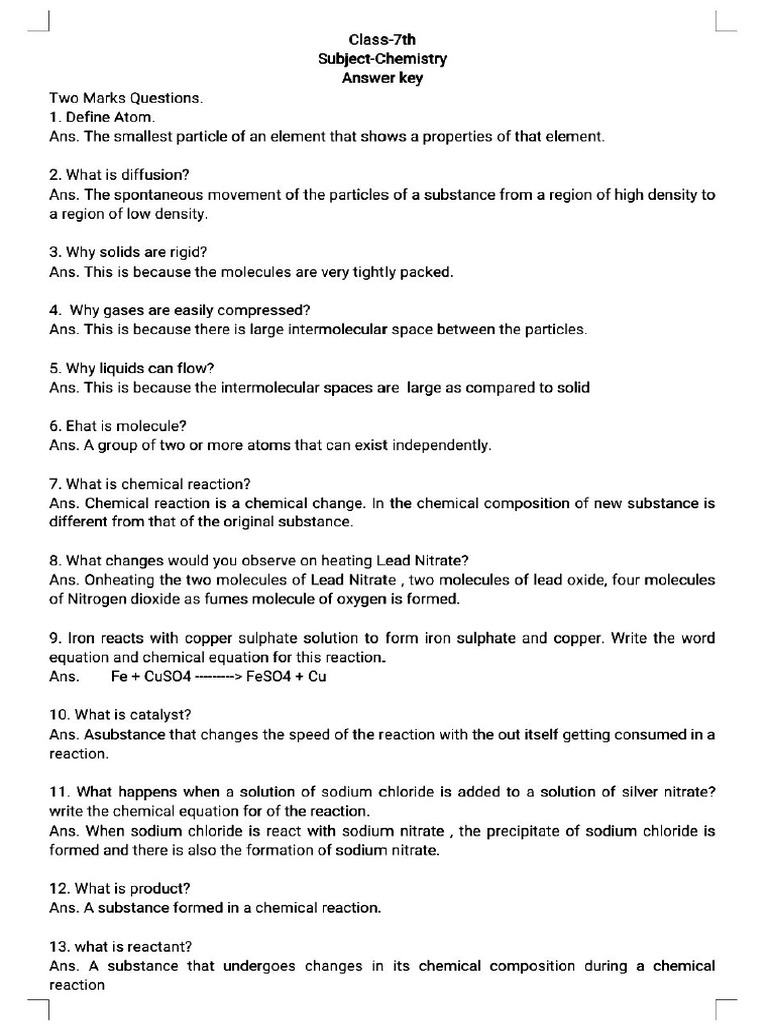Chemistry Answer Key | PDF
