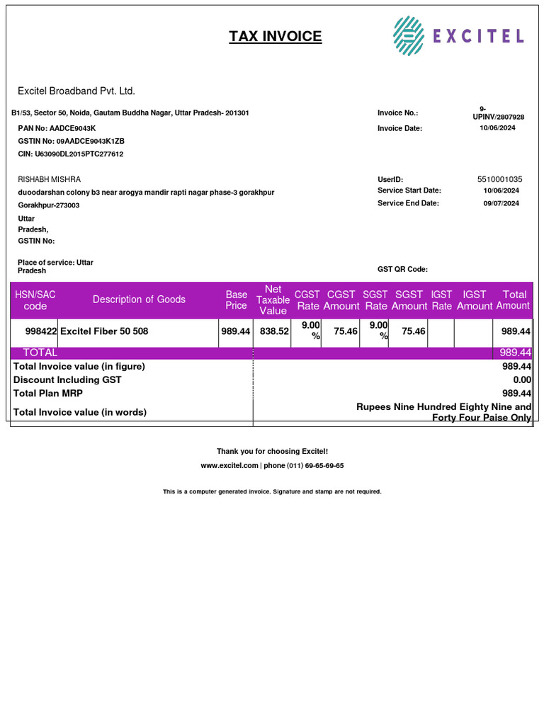 Tax Invoice: Excitel Broadband Pvt. LTD | PDF | Government | Sales