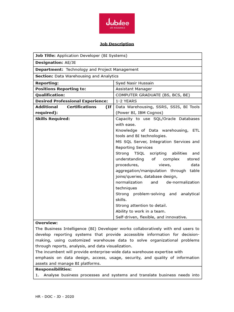 JD (BI Developer) | PDF | Data Warehouse | Business Intelligence