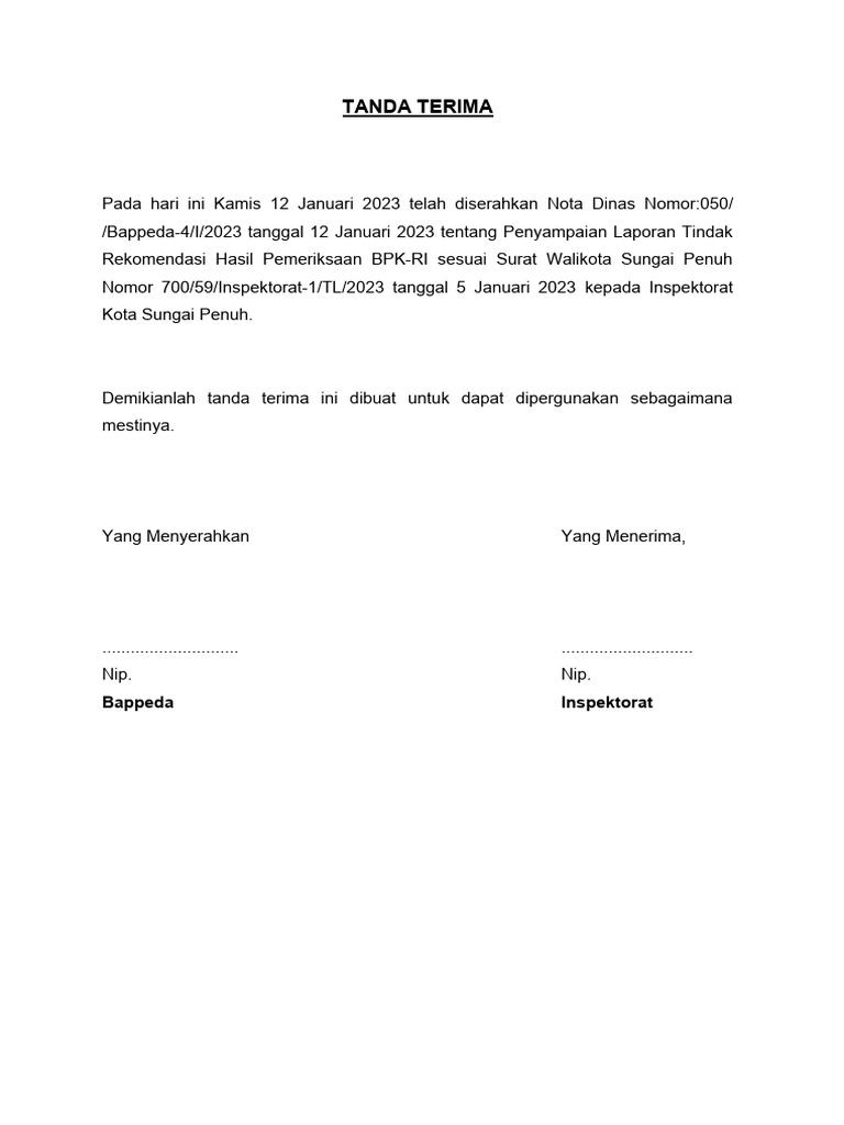 Tanda Terima Nota Dinas Bappeda | PDF | Teknologi & Rekayasa