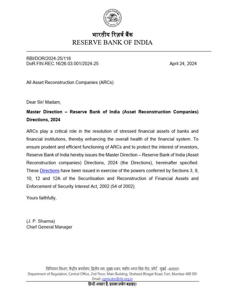 RBI Master Direction for ARCs 2024 | PDF | Mergers And Acquisitions ...