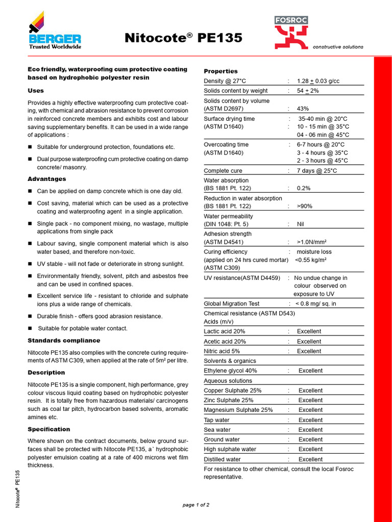 TDS Nitocote PE135 BFL3 | PDF | Concrete | Solid