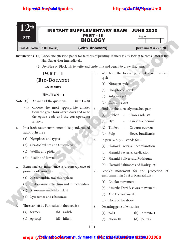 Biology Exam Paper for 12th Grade | PDF | Ploidy | Plants