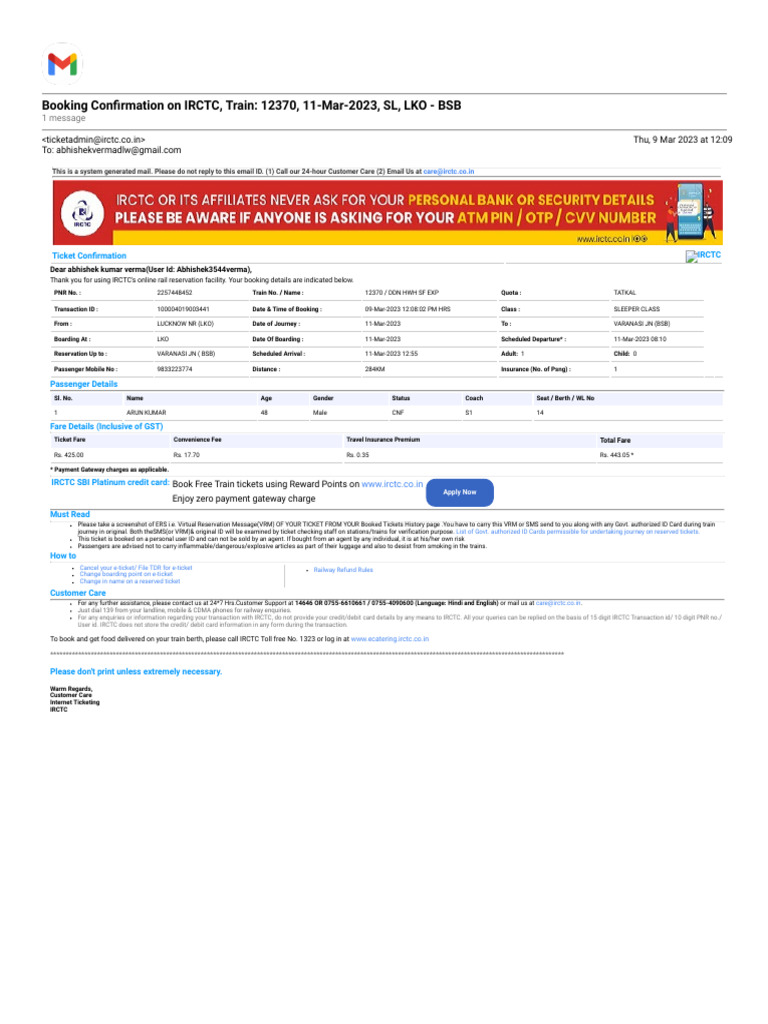 IRCTC Train Booking Confirmation | PDF | Service Industries