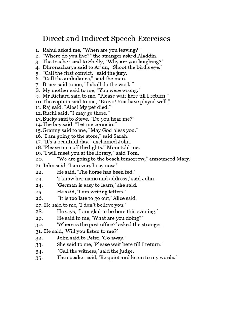 Direct and Indirect Speech Exercises | PDF