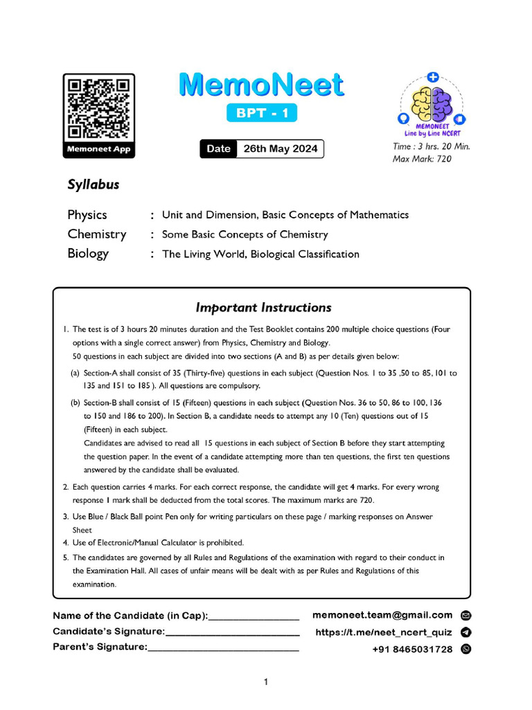 Neet Practice Paper (Memoneet) | Download Free PDF | Mechanical ...