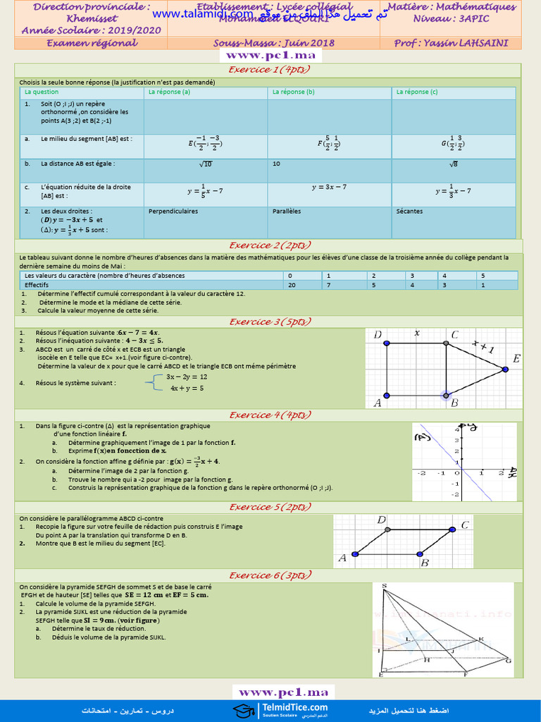 Examen régional math 3ème année collège | PDF | Triangle | Géométrie