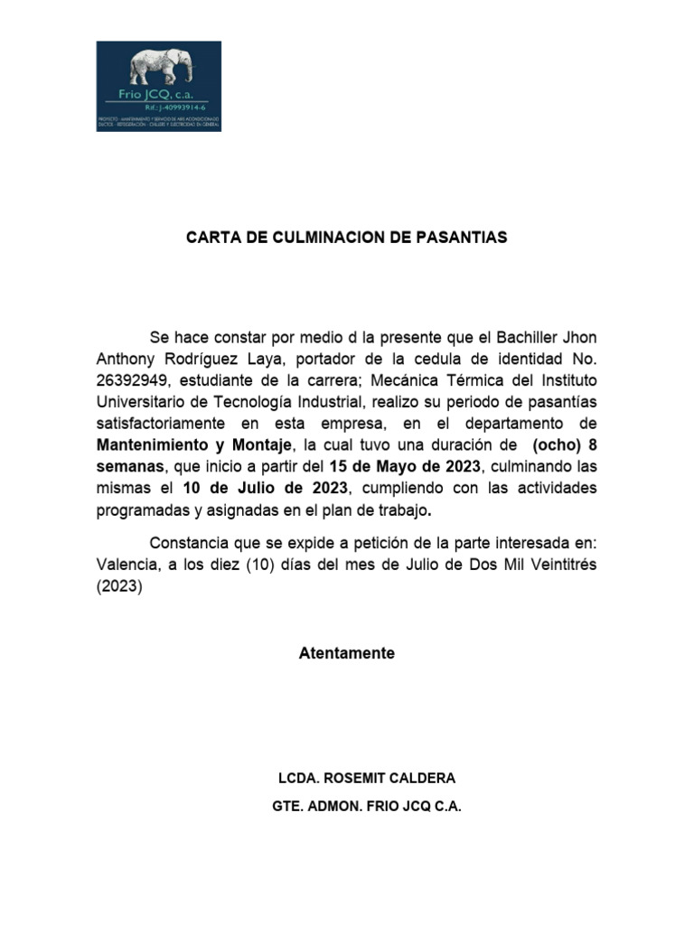 Carta de Culminacion de Pasantias | PDF