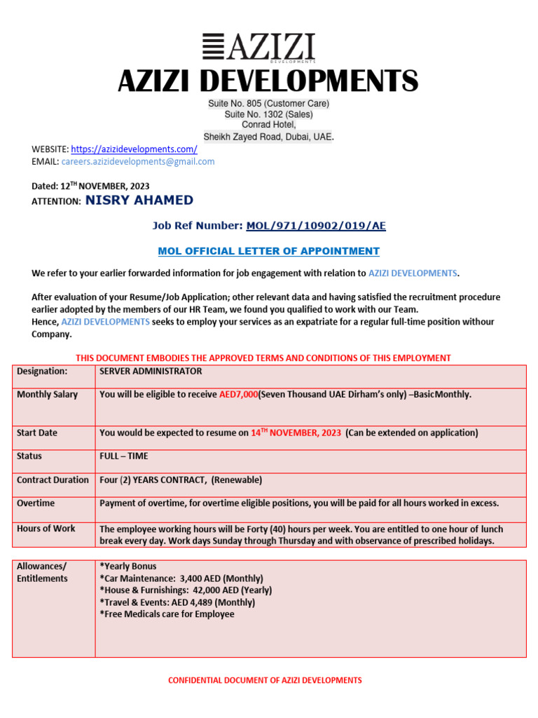 Mohamed Nusry Offer Letter | PDF | Employment | Overtime
