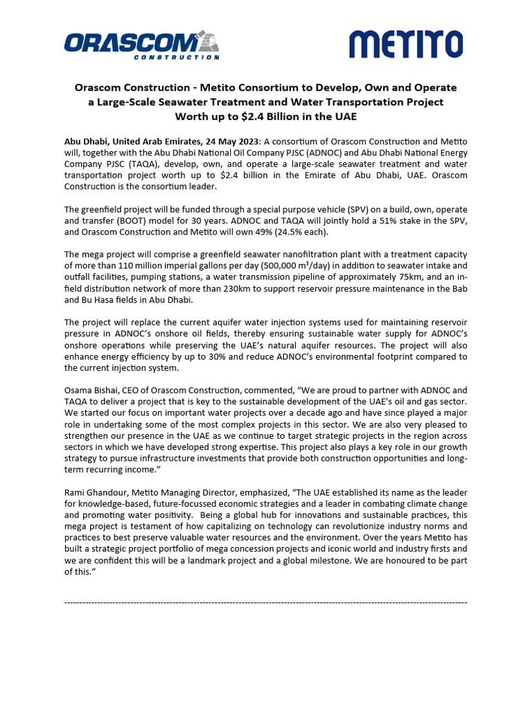 Orascom-Metito $2.4B Water Project UAE | PDF | Economies