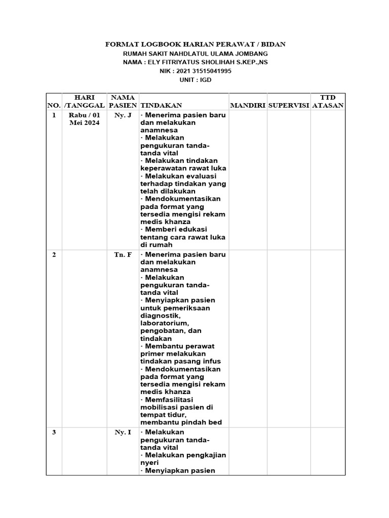 Format Logbook Harian Perawat Elly | PDF
