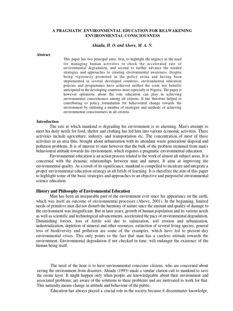 A Pragmatic Environmental Education For Reawakening Environmental ...