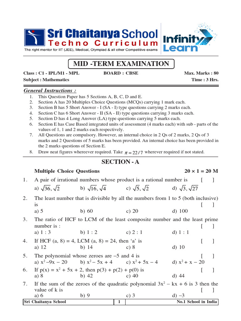 Ka & TN Cbse Maths c1 Ipl & m1 MPL Mid Term QP | PDF | Polynomial | Numbers