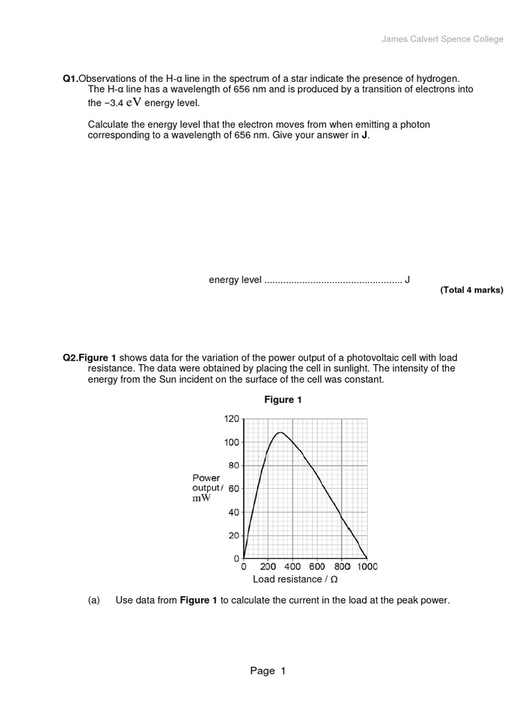 Physics Exam: Energy Levels & Photons | PDF | Emission Spectrum ...