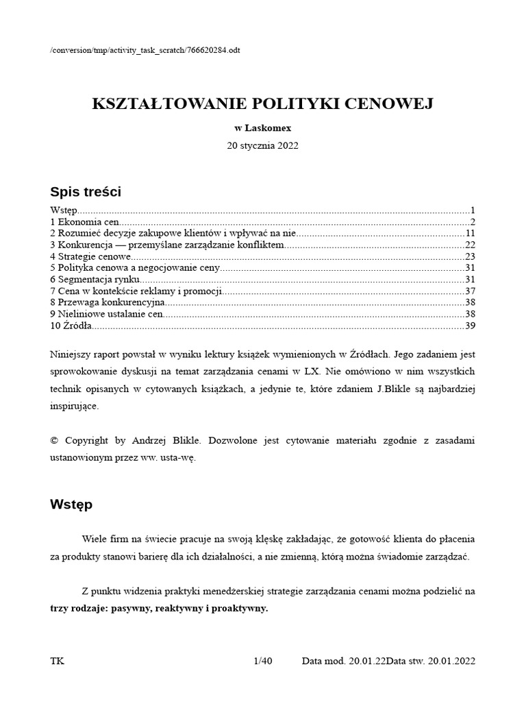 Blikle - Kształtowanie Polityki Cenowej | PDF