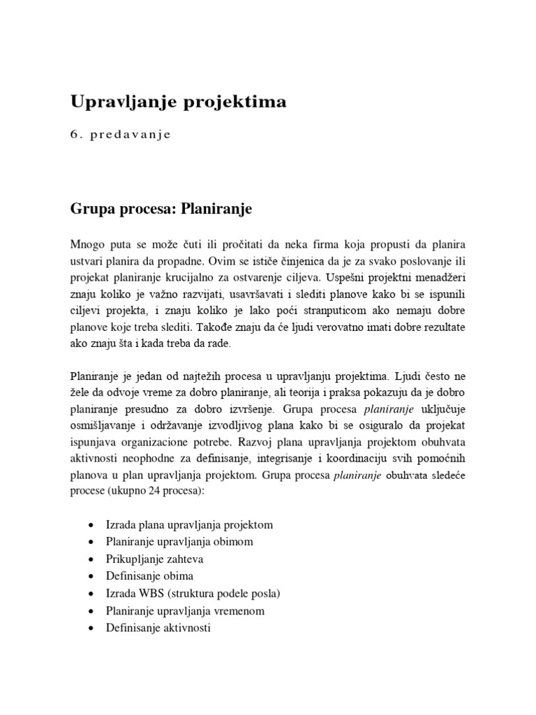 Upravljanje Projektima: Grupa Procesa: Planiranje | PDF