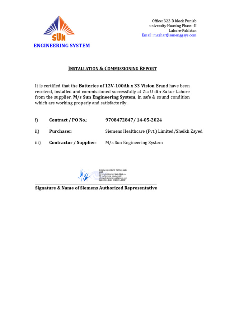 Installation Commissioning Report - SZH | PDF | Finance & Money Management